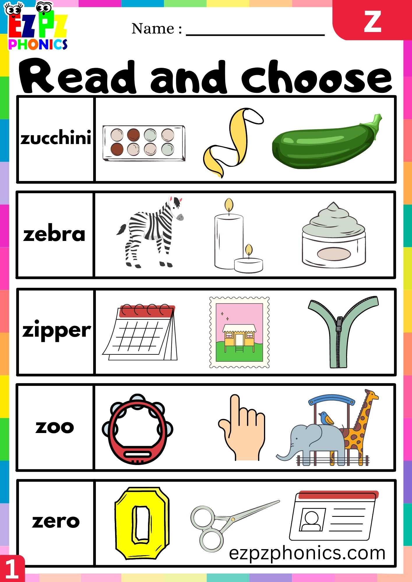 Letter Z Read And Choose Beginning Sounds Worksheet - ezpzphonics.com